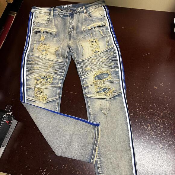 Jeans | Preme Premium Faded Blue Striped Blue Ripped Denim Jeans 434 ...